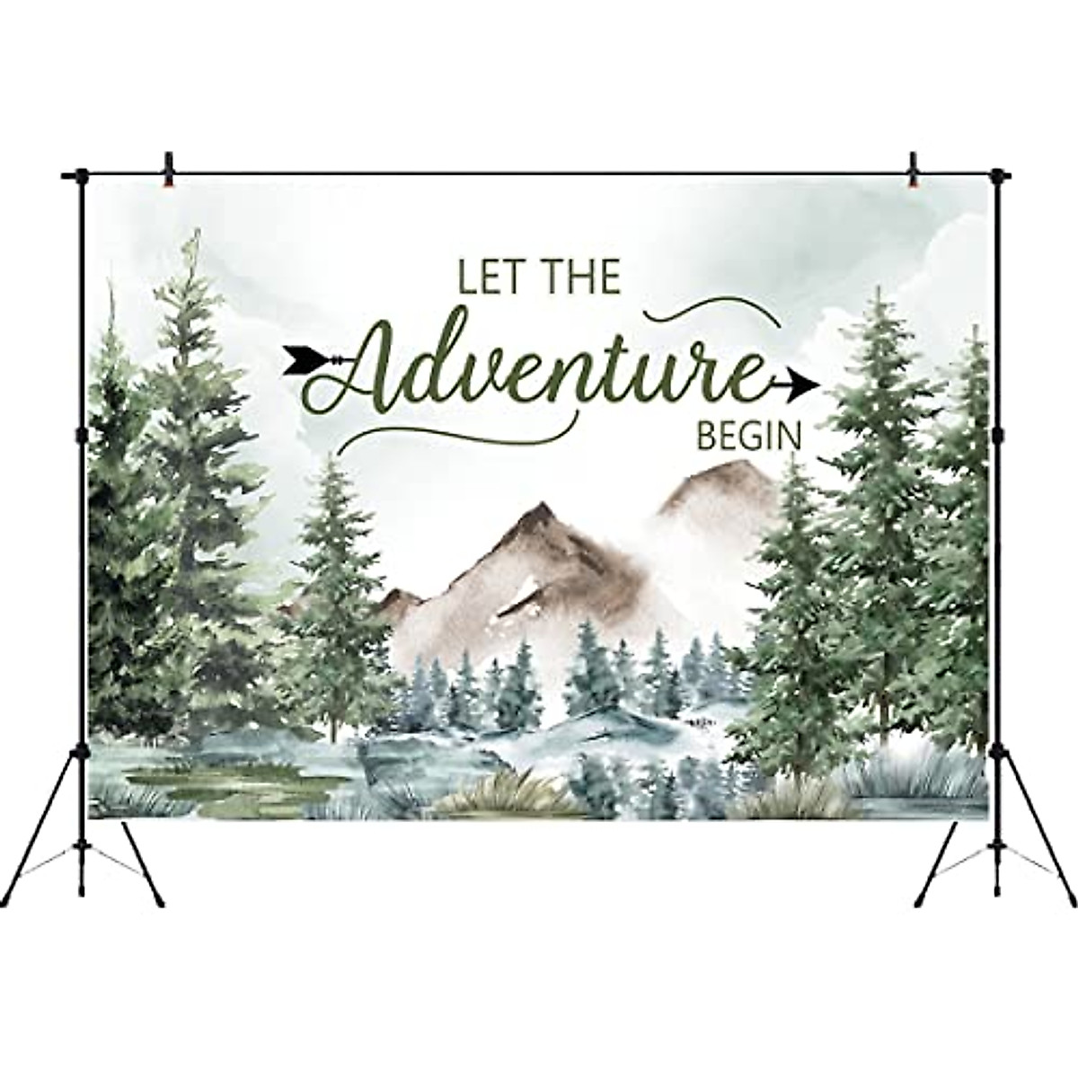 Aperturee Adventure Awaits Baby Shower Backdrop 7x5ft Let The Begin Pine Tree Mountain Wilderness Woodland Animals Photography Background Forest Party Decorations Photo Booth Props, multicolor