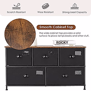 Giantex Drawer Storage Dresser, Wide Storage Organizer Unit with Labels, Steel Frame & 5 Removable Fabric Bins, Vertical Dresser Tower for Living Room, Bedroom, Closet, Entryway, Office (Black)