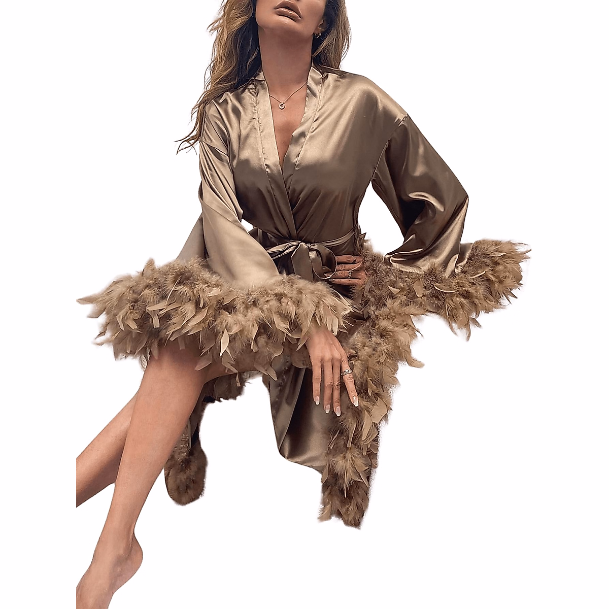 WDIRARA Women's Long Sleeve Satin Fuzzy Trim Robe Bridesmaid Robe Wedding Party Robe Bronze M