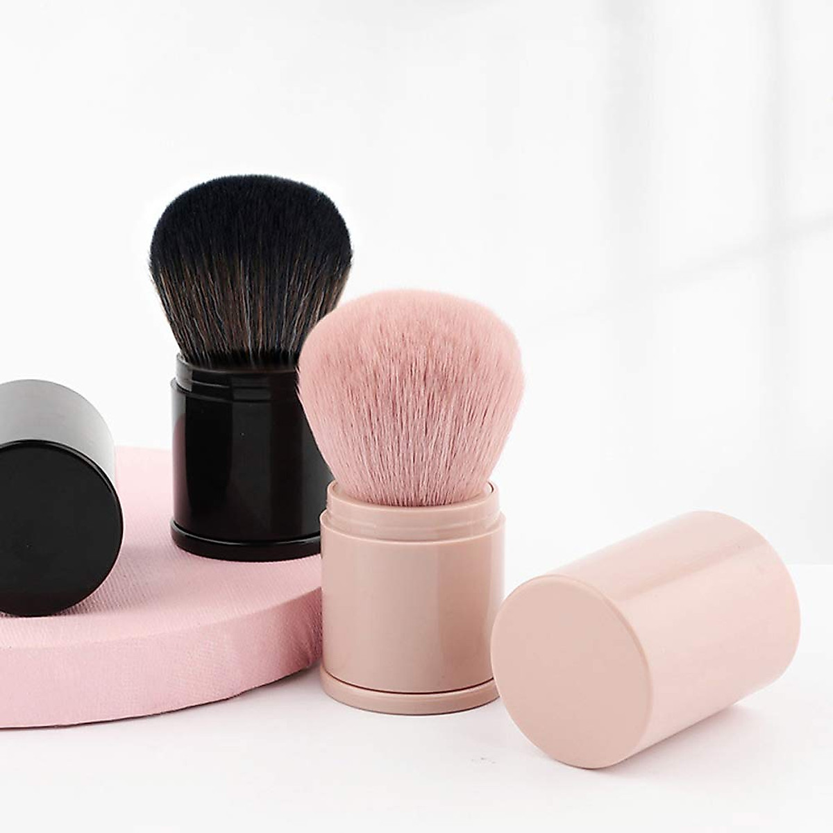Retractable Kabuki Foundation Brush Travel Face Blush Brush for Mineral Powder, Contouring, Cream (Black + Pink 2Pcs)