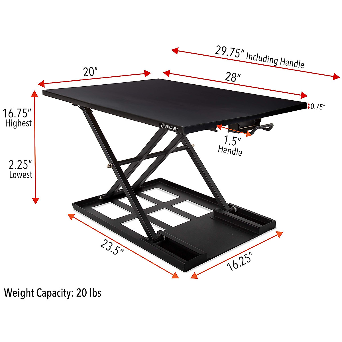 Stand Steady X-Elite Pro, Ergonomic Adjustable Height Standing Desk Converter for Home or Office, Easy Lift Sit to Stand Laptop Desk Riser for Laptop and Computer Monitor (Black, 28in x 20in)