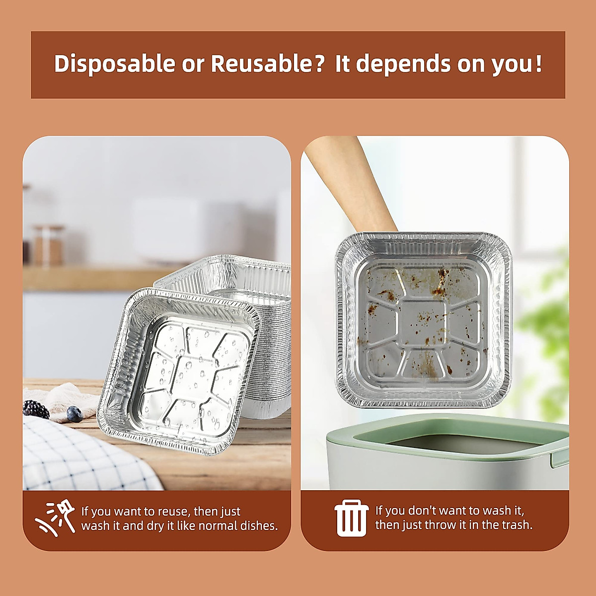 Fecolmena 50 PCS Disposable Aluminum Foil Pans, Multipurpose Square Air Fryer Liners, Safe Food Contact Grade Material & High Temperature Resistant for Oven/Air Fryer/Barbecue/Gas Stoves Bake& Cook