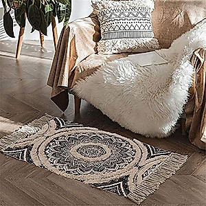 Seavish Tufted Cotton Rug, 2X3 Black Mandala Boho Rug, Hand Woven Bohemian Throw Rugs, Shag Accent Fringe Tassel Rug for Bedroom Bedside Kitchen, Laundry Room Rug