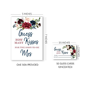 Your Main Event Prints Burgundy and Navy How Many Kisses Game Sign and Cards Great for Bridal Showers and Weddings, Neutral Floral