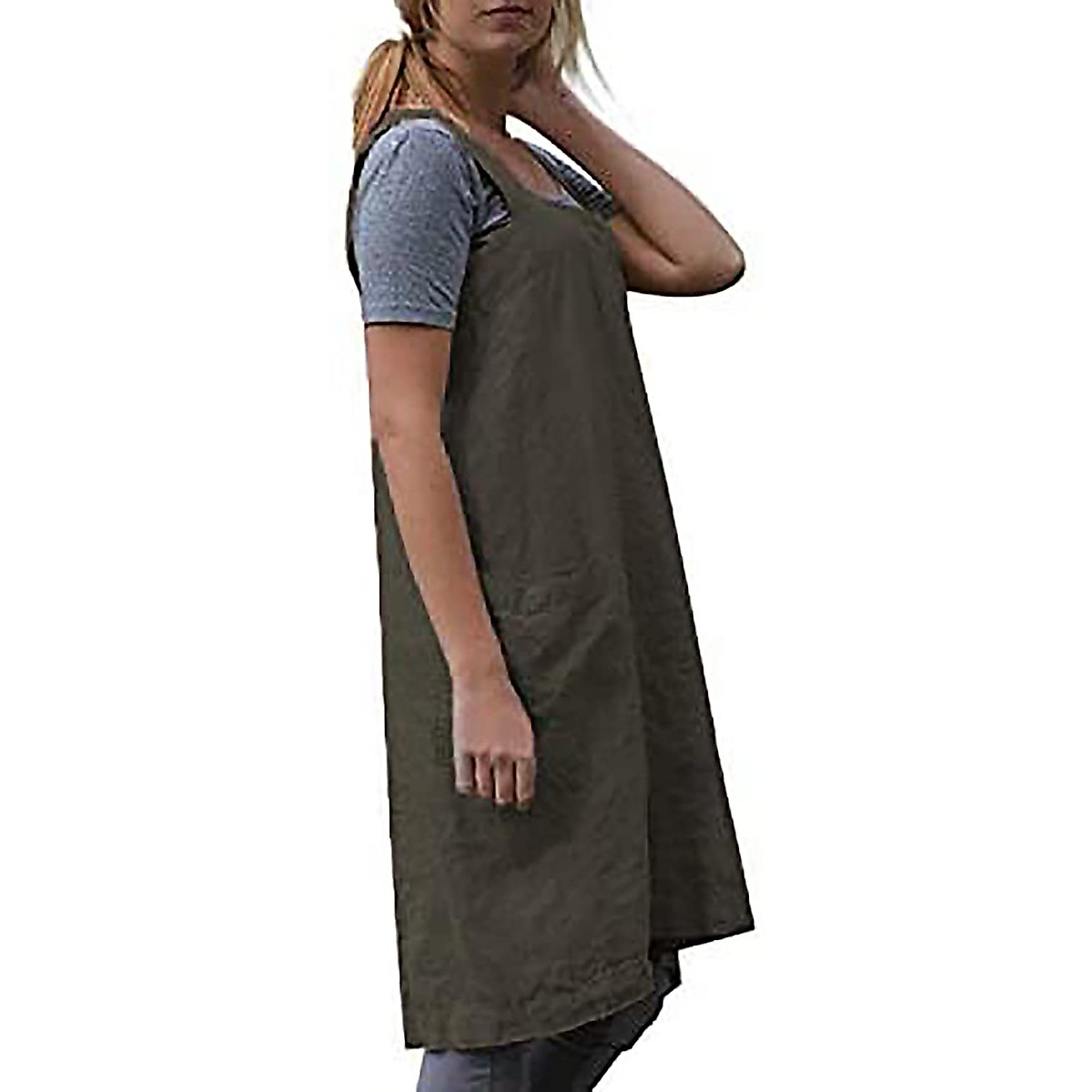 Amlztr Women's Pinafore Apron Cross Back Apron with Pockets Cotton Linen Apron Dress Plus Size