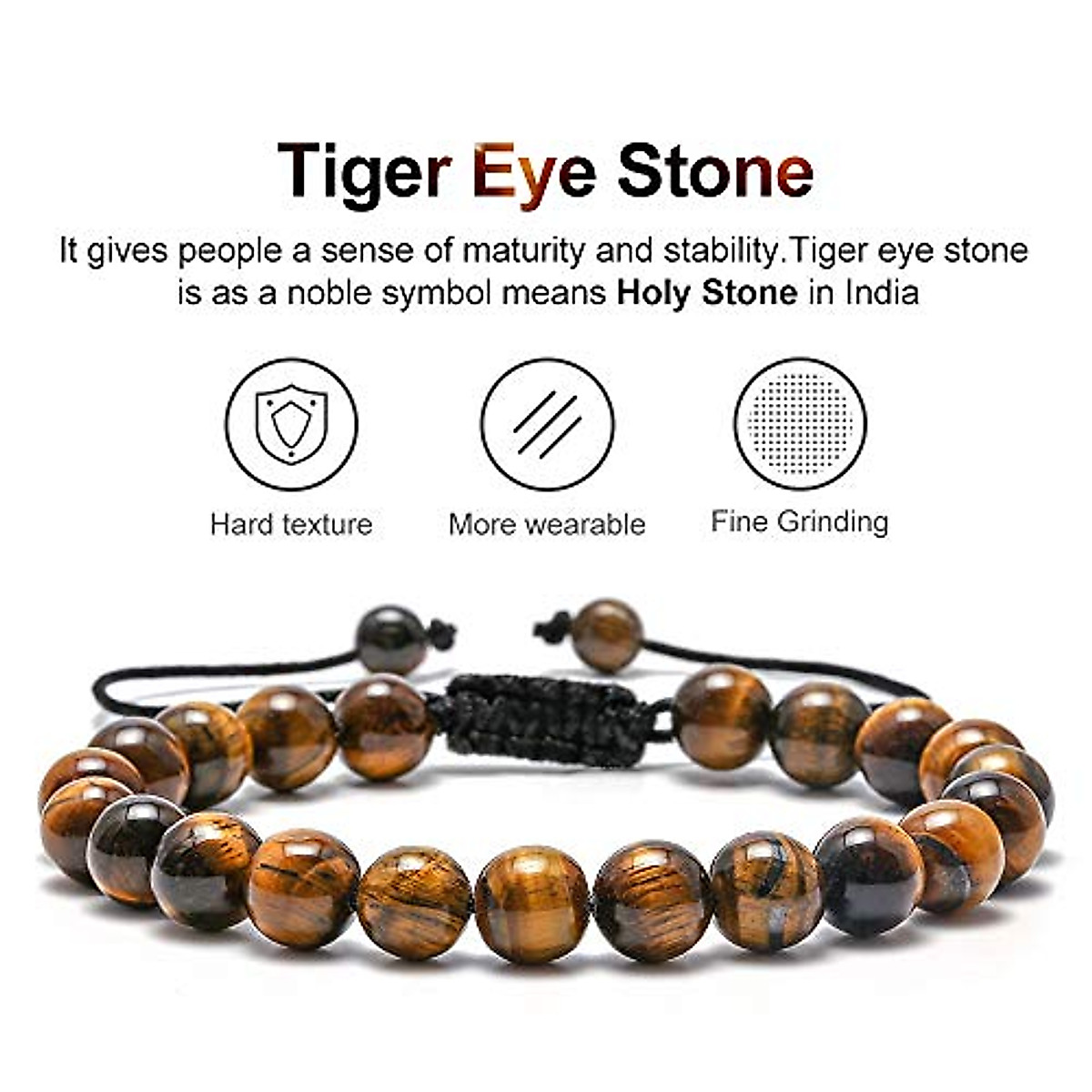 M MOOHAM Stone Bead Bracelets, Natural Tiger Eye Stone Beads Bracelet, Men Women Stress Relief Yoga Beads Adjustable Semi-Precious Stone Bracelet Bangle