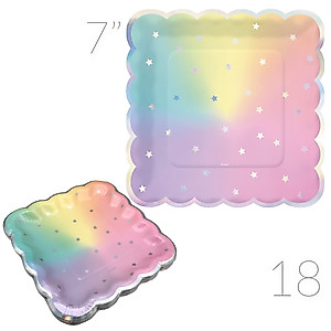 Oojami Serves 18 Scalloped Pastel Iridescent Complete Party Supplies Includes Plates Cups Napkins Table Cover Balloons Ideal for Kids Birthdays, Bridal Showers, Unicorn Theme