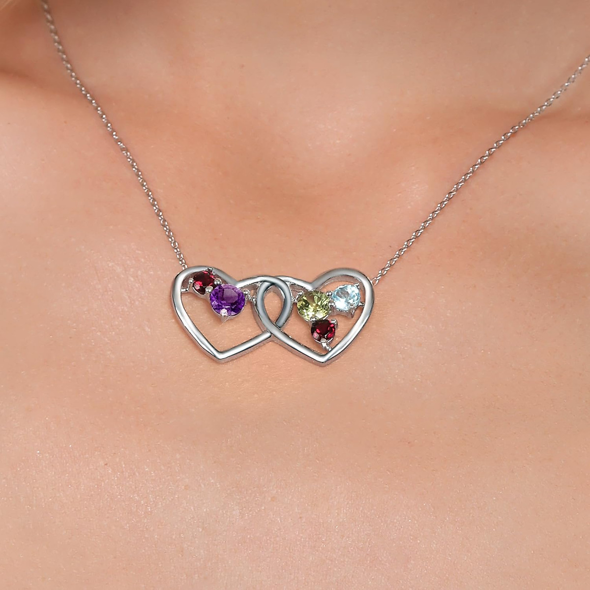 Gem Stone King 925 Sterling Silver Customized and Personalized 5 Round Gemstone Birthstone Double Heart Pendant Necklace Birthday Mother's Day Jewelry Gift for Mom Women with Silver Chain