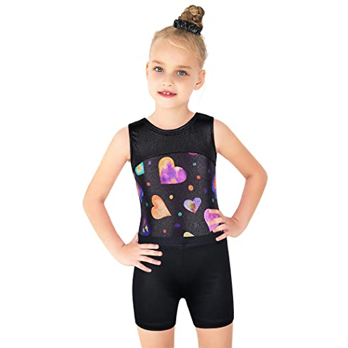 XFGIRLS Gymnastics Leotards for Girls Sparkle One-Piece Activewear Sleeveless Ballet Dance Athletic Leotards with Shorts Black 10-12 Years