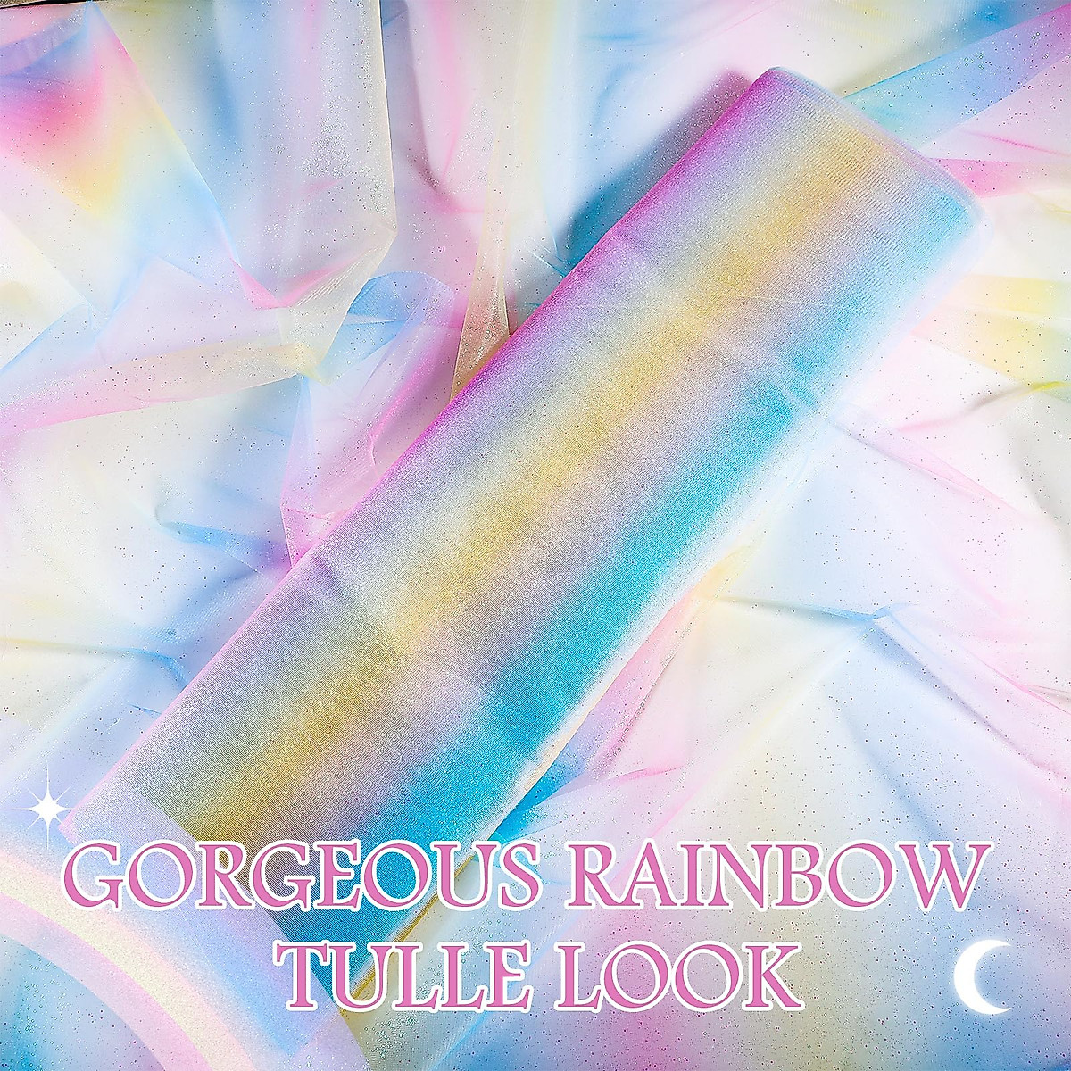 Timgle 10 Yards Rainbow Glitter Tulle 54 in Tulle Fabric Pastel Tulle Mesh Iridescent Girl Fabric for Table Chair Sash Bow Tutu Skirt Sewing Crafting Gift Wrapping Wedding Party Backdrop,30 Ft
