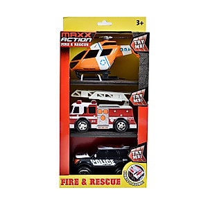 Sunny Days Entertainment Maxx Action Mini Rescue Vehicles 3 Pack | Rubber Tires | Lights & Sounds | 8 Assorted Styles | Helicopter - Fire Truck - Ambulance | Color & Style May Vary