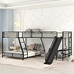HAUSHECK L-Shaped Triple Bunk Bed with Desk for 3 or 4 Kids, Heavy Duty Metal Bunk Bed Twin Over Full with Slide & 2 Ladders, Space-Saving Loftbed Triple Bed Frame for Teens/Adults