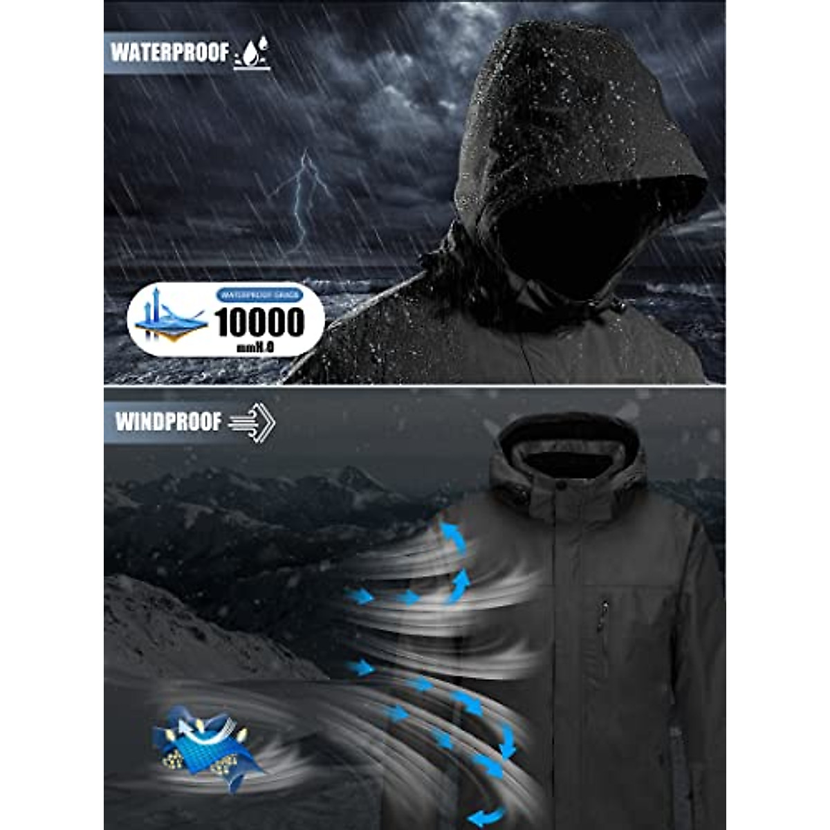 FREE SOLDIER Men's Waterproof Ski Snow Jacket Fleece Lined Warm Winter Rain Jacket with Hood Fully Taped Seams(Black,XL)