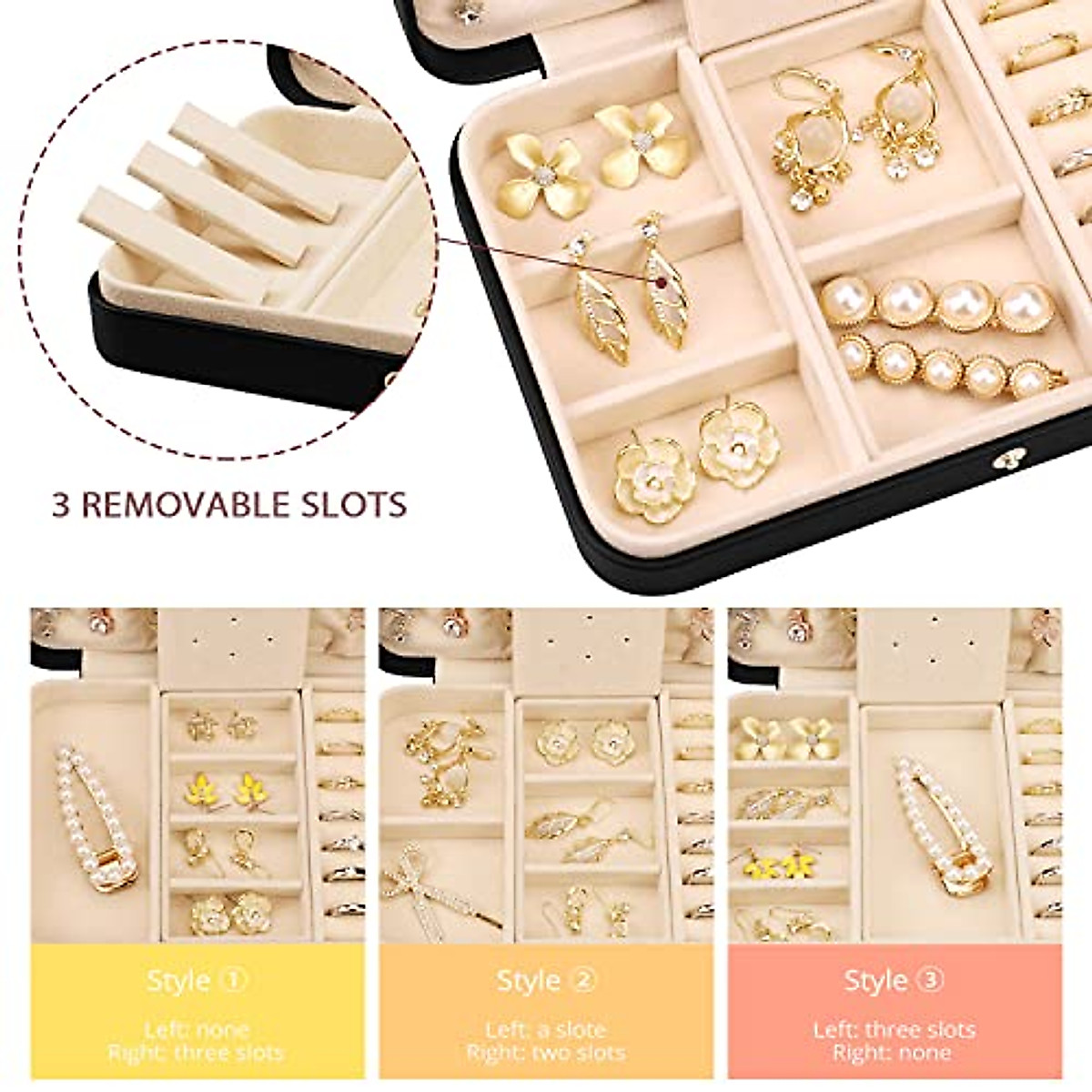 CLUDEMAS Travel Jewelry Box Case Organizer for Women Girls, PU Leather Small Jewelry Storage Boxes, Portable Display Jewellery Holder for Watch Rings Earrings Necklaces Bracelets Men Kids Gift, Black