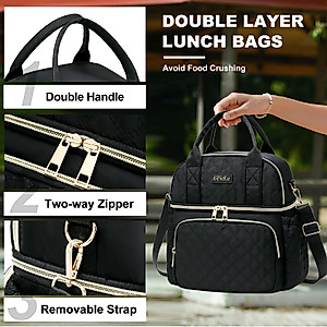 AIJIEKE Lunch Bag for Men Women, Dual Compartment Lunch Box Insulated Lunch Bags, Large Adult Double Deck Leak Proof Lunch Tote Cooler with Adjustable Shoulder Strap for Work Picnic Beach, Black