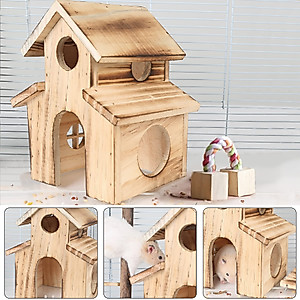 Small Animal Activity Toy Hamster Houses Hideouts Wooden Rat Playground Platform with Ladders Bridge for Chinchilla, Guinea Pigs, Gerbil, Parrots, Dwarf Mice,and Other Small Animals（Without bark）