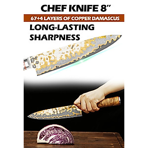 YOUSUNLONG Chef Knife - 8'' Blade Japanese Handmade Copper Damascus Steel - Professional Chef's Knife - Razor Sharp Slicing Knife - Naturel Burl Wooden Handle with Leather and Acacia Wood Box