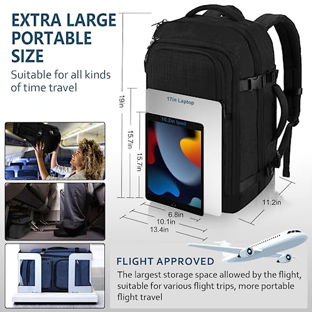 Dinictis 40L Travel Laptop Backpack for 17 Inch Notebook, Carry on Flight Approved Suitcase Backpack, Water Resistant Weekender Business Large Daypack for Men and Women-Black