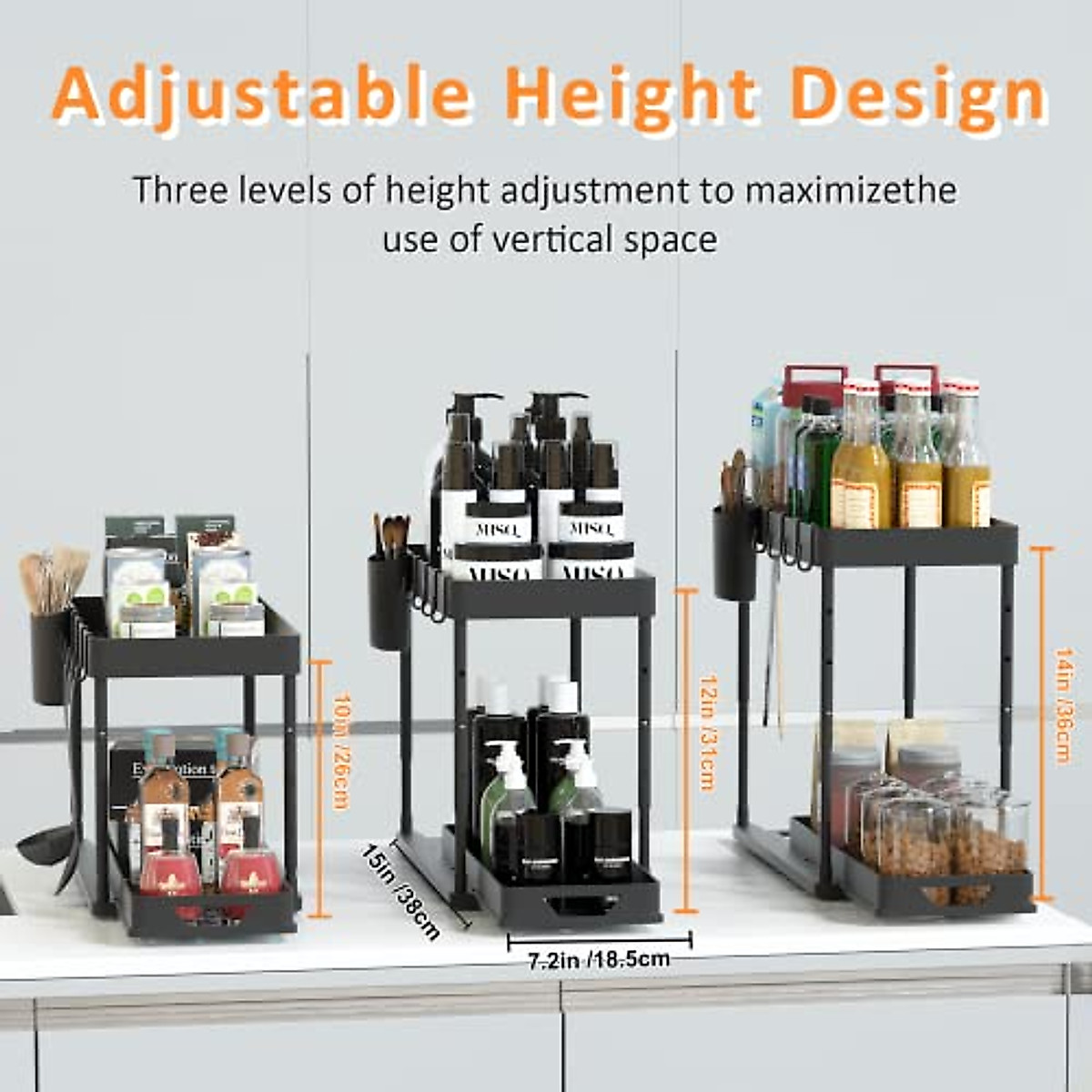 HI NINGER 2 Pack Adjustable Height Under Sink Organizers and Storage, 2Tier Bathroom Organizer Under Sink,Multifunction Kitchen Under Sink Organizer with 8 Hooks and 2 Hanging Cups and16Non-slip mat