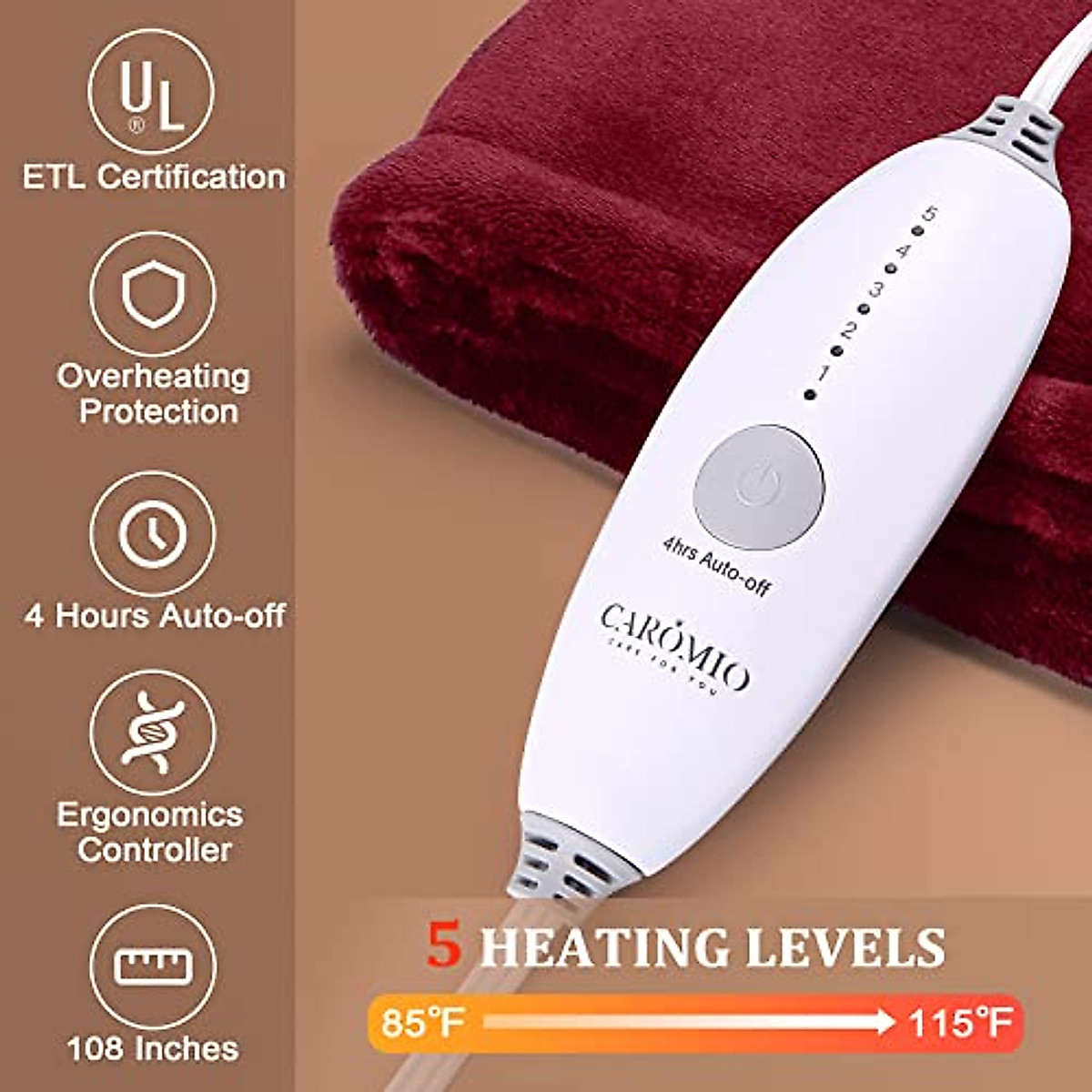 CAROMIO Heated Blanket Electric Throw Christmas Burgundy, Soft Flannel Heating Blankets, Light Heated Throws for Couch with 5 Heat Settings and 4 Hours Auto Shut Off, Red, 50"× 60"