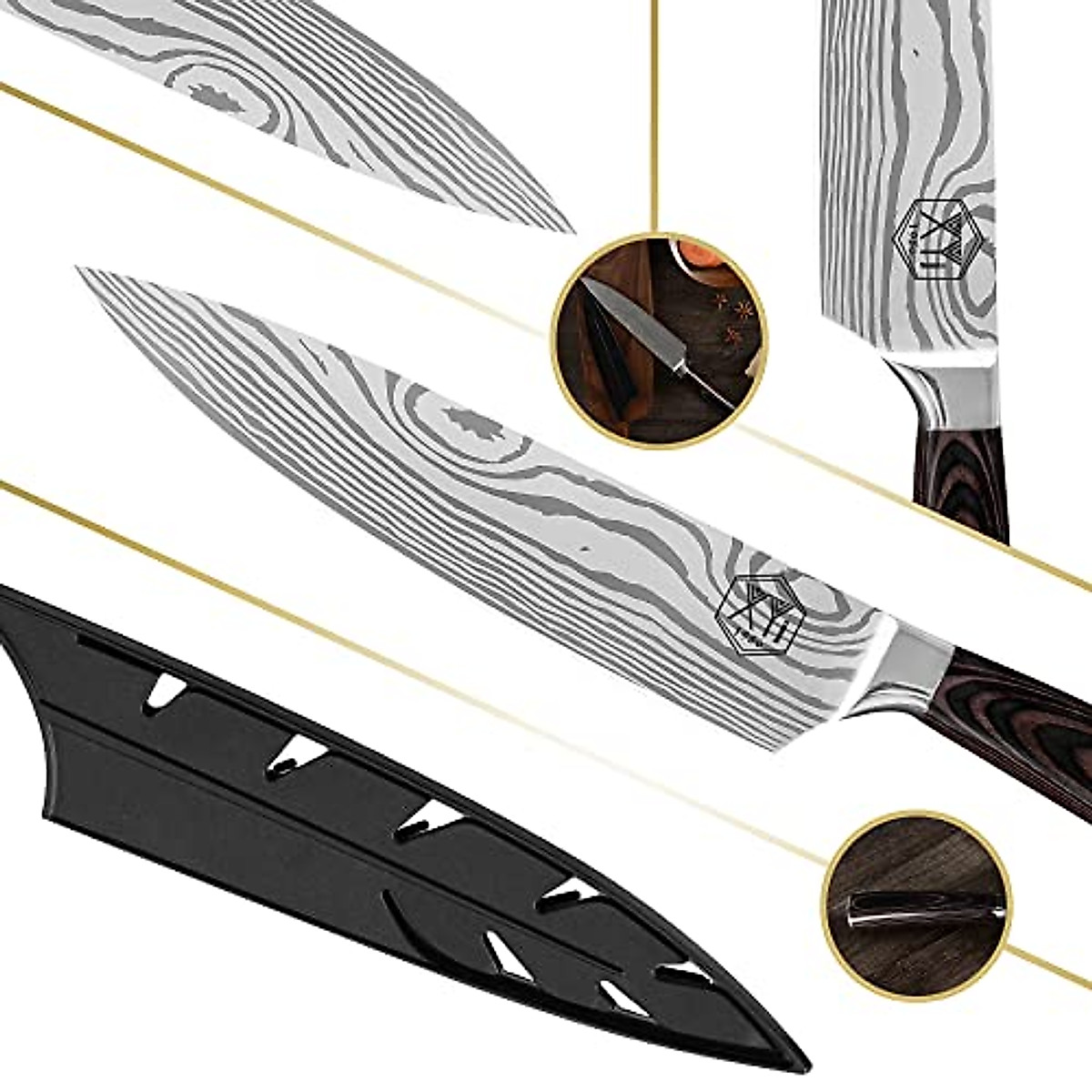 XYJ Set of Knives 8-pieces Stainless Steel Kitchen Knife Vegetable Nakiri Knife Meat Ham Steak Bread Slice Knives With Carry Roll Bag Chef Tools Set (Coffee)