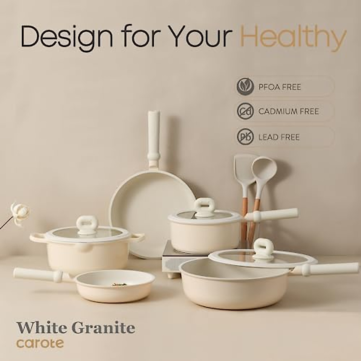 CAROTE Pots and Pans Set Nonstick Cookware Sets 10 Pcs Induction Cooking Set Dishwasher Safe Cookware w/Frying Pans & Saucepans PFOS PFOA Free(Cream Granite)