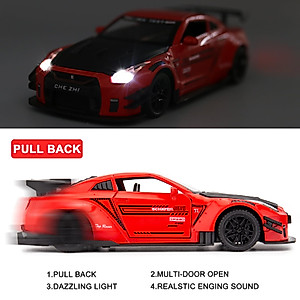 BDTCTK 1/24 Scale Compatible for Nissan GTR Model Car Toy, Zinc Alloy Pull Back Toy car with Sound and Light for Kids Boy Girl Gift (Black)