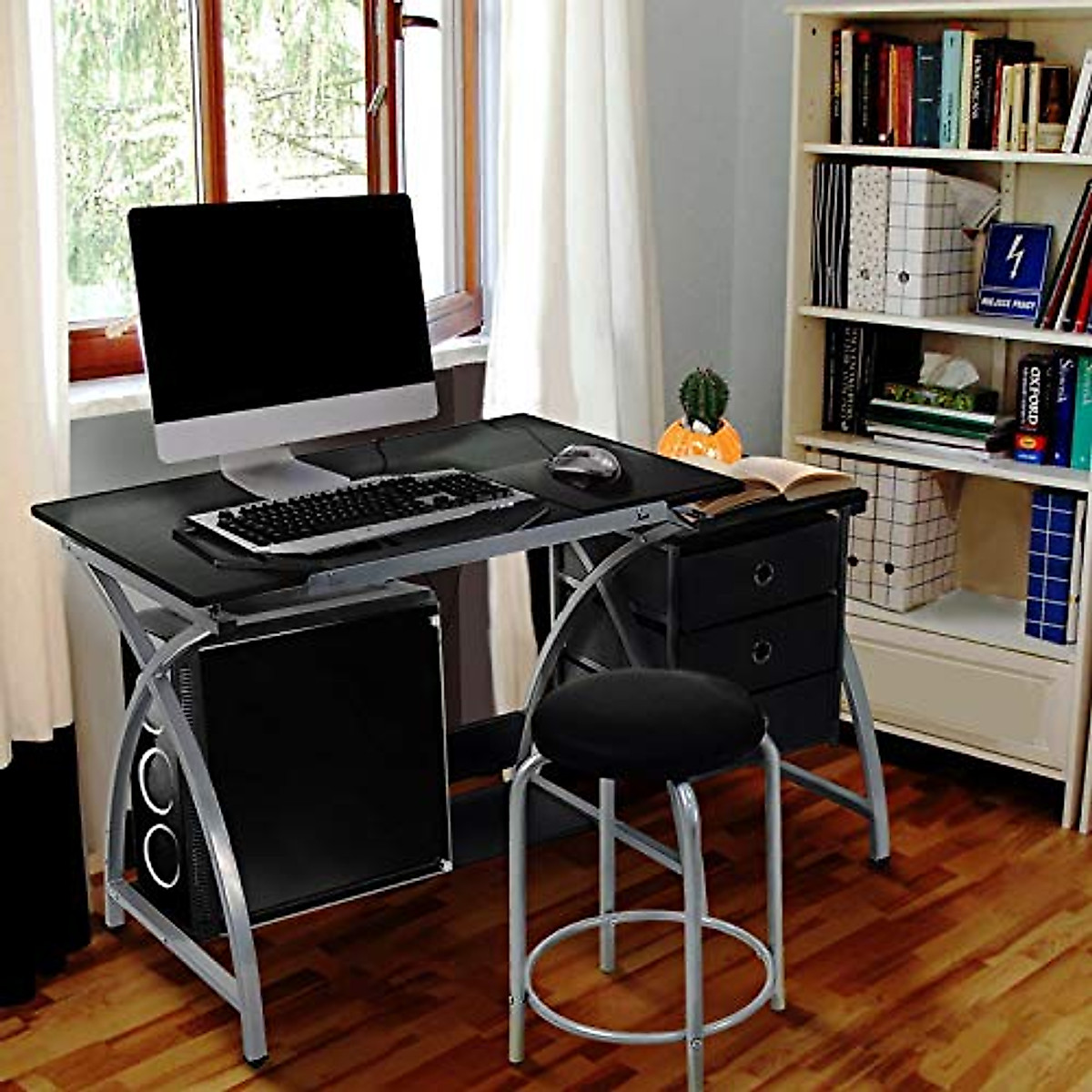 Yaheetech Drafting Desk, Drawing Table for Artists/Adults, Art Desk w/Stool and 3 Slide Drawers, Painting Studio Design Work Station, Adjustable Tabletop