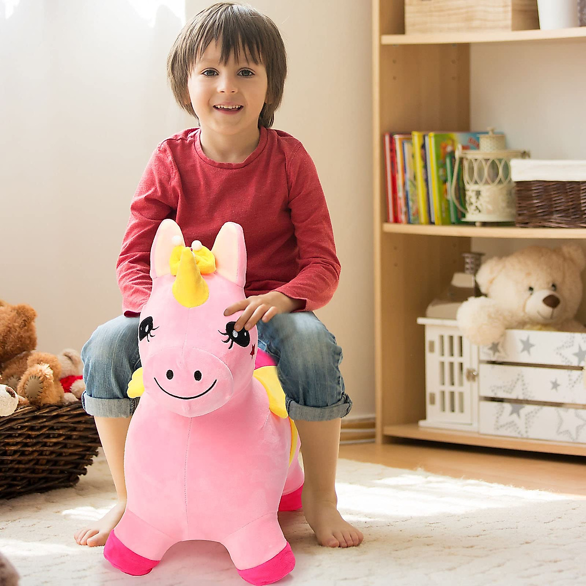 Bouncy Christmas Pink Unicorn Bouncer, Toddler Girl Bouncing Animal Hopper, Inflatable Plush Hopping Toy for Baby First Birthday Gift 36 Month 3 4 Year Old Kid