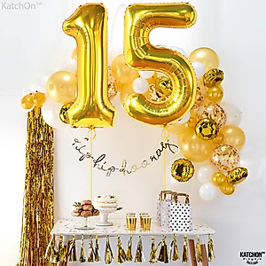 KatchOn, Giant Gold Number 15 Balloons - 40 Inch | 15 Balloons Number Gold, 15th Birthday Decorations for Boys | 15 Gold Balloon Number | Gold 15 Balloon Numbers, 15 Birthday Decorations for Girls