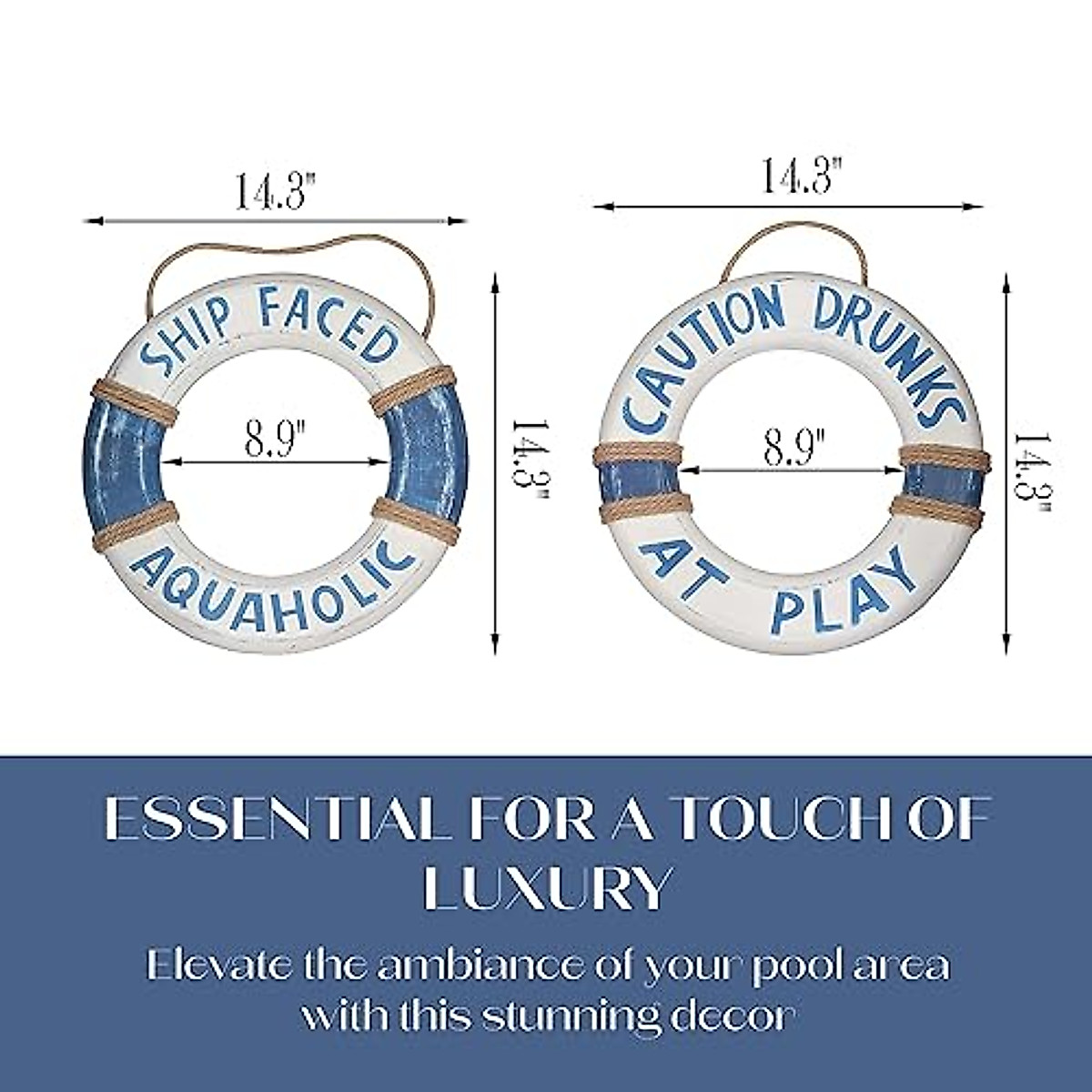 MEANT2TOBE Tiki Bar Hut, Hand Carved Buoy Cute Lifesaver Rings “Ship Faced Aquaholic” & “Caution Drunks at Play”, Sign Pool Decorations, Beach Décor Life Ring, Tiki Bar Decorations