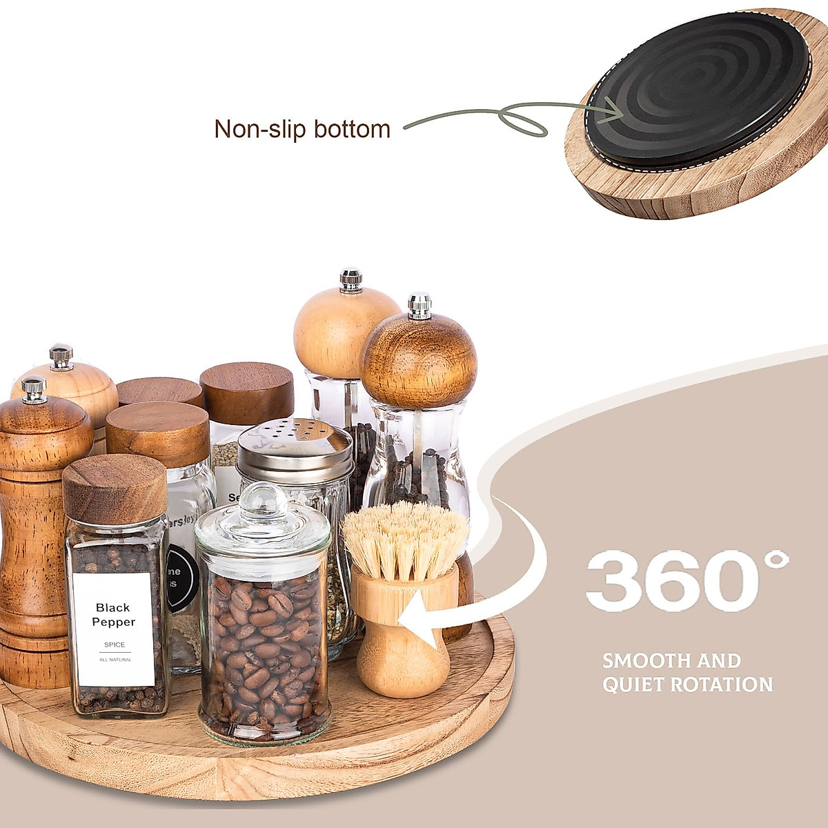 Wood Lazy Susan Organizer Kitchen Turntable for Cabinet Farmhouse Bathroom Decor Round Decorative Tray for Vanity, Counter, Sink, Coffee Table, 10 Inch, Brown