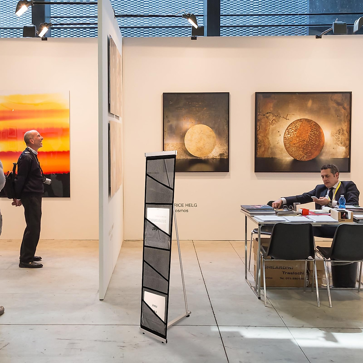 Thyle Magazine Display Rack 0.9ft x 4.6ft Mesh Brochure Display Holder Stand with 4 Pockets Portable Catalog Literature Display Rack for Tradeshows Retail Stores Vendor Events Businesses (Black)