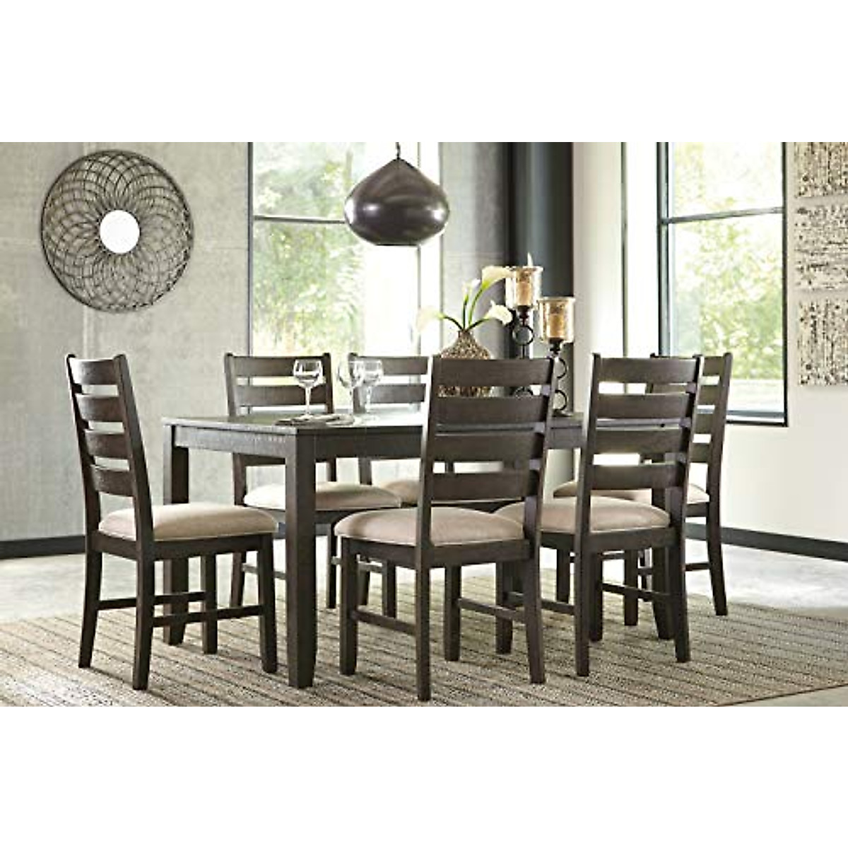 Signature Design by Ashley Rokane Dining Room Table Set with 6 Upholstered Chairs, Brown