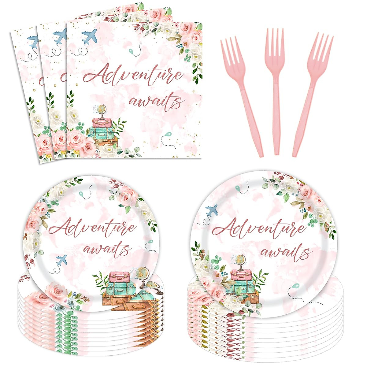 96 Pcs Adventure Awaits Baby Shower Tableware Set World Map Flower Travel and Adventure Begins Dinnerware for Girl Women Bridal Shower Party Decorations Plates Napkins Favors Serves 24 Guests