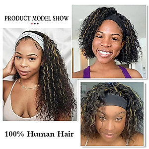 Kkioor Headband Wigs for Black Women 12inch Ombre Highlight P1b/27 Curly Headband Wigs Human Hair 10A Brazilian Remy Glueless None Lace Front Wigs 150% Density Body Curly Half Wigs
