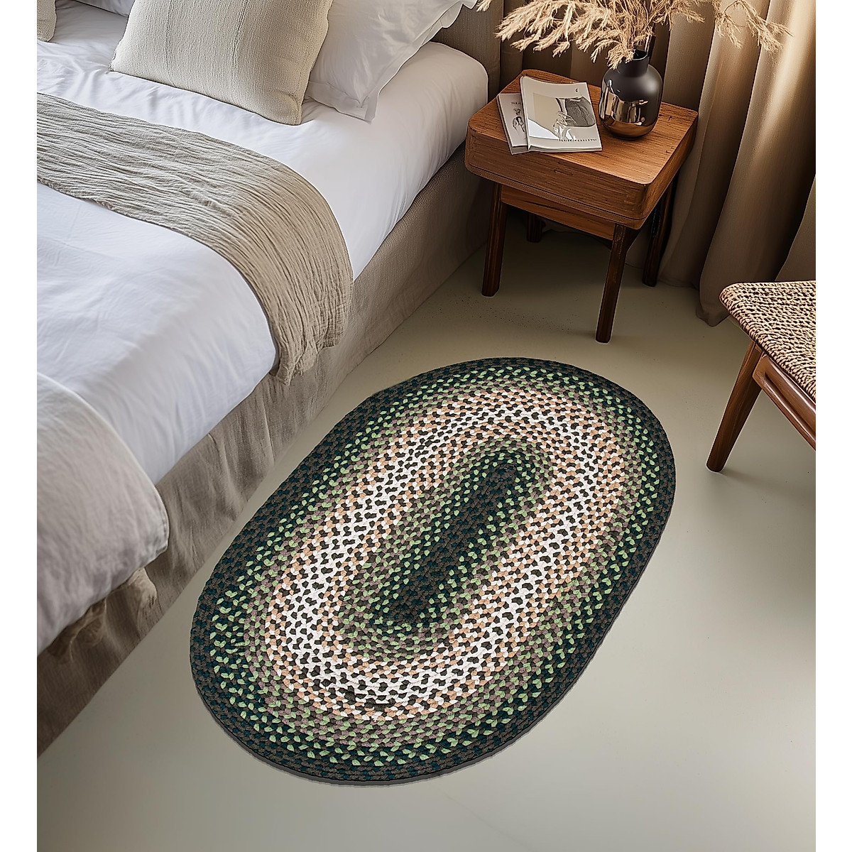 Super Area Rugs Oval 2' X 3' Green - Ivory Oval Braided Rug for Farmhouse Style Kitchens and Bathrooms