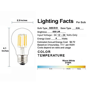OPALRAY DC 12V-24V Low Voltage Input LED Bulb, Classic A19(A60) Style, 6W 600Lm, Dimmable with 12V PWM DC Dimmer, E26 Medium Base Lamp, Warm White Light, 60W Incandescent Equivalent, 12V Power, 2 Pack