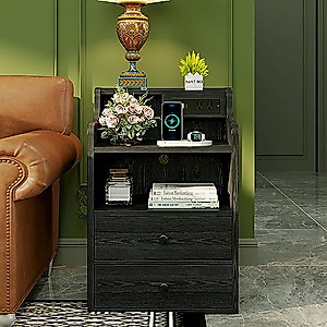 LIKIMIO Black Nightstand with LED Charging Station 2 Drawers and Storage Shelves, Left and Right Interchangeable Sockets Bed Side Table Night Stand with Drawer
