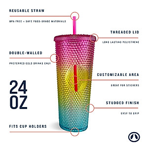 Hogg 24oz Studded Tumbler - Rainbow, Iced Coffee Cups with Lids Reusable, 24 oz Tumbler with Lid and Straw, Venti Reusable Iced Coffee Cup, Bling Cup, DIY Circle for Vinyl or Stickers, Rainbow Tumbler