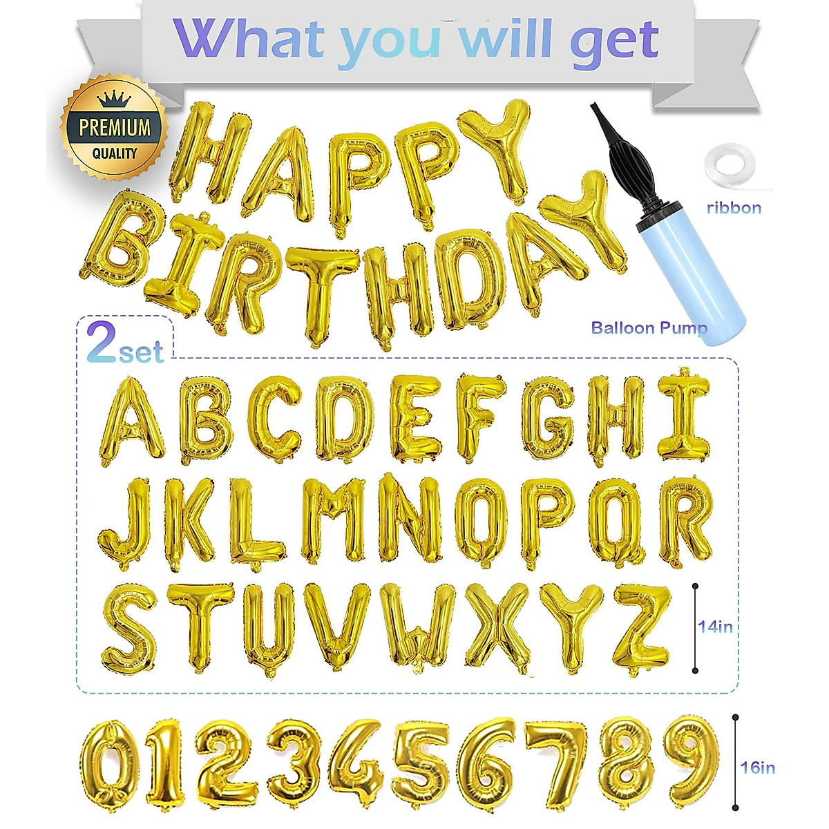 76pcs Happy Birthday Balloon Banner, Gold Balloons Letters, Personalized 16" Mylar Foil Birthday Decorations includes 2 Sets A- Z, 1 set Number 0-9 and "HAPPY BIRTHDAY" letters (with Balloon Pump)