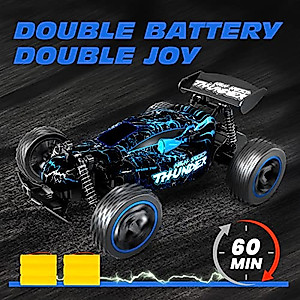 Tecnock RC Racing Car, 2.4Ghz High Speed Remote Control Car, 1:18 2WD Toy Cars Buggy for Boys & Girls with Two Rechargeable Batteries for Car, Gift for Kids(Blue&Light)