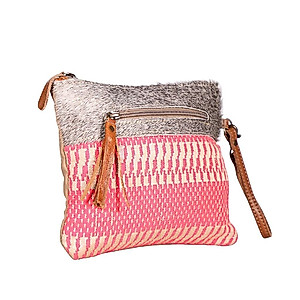 Myra Bags Charismatic Pink Canvas, Rug, Leather & Hairon Pouch Wristlet S-1944