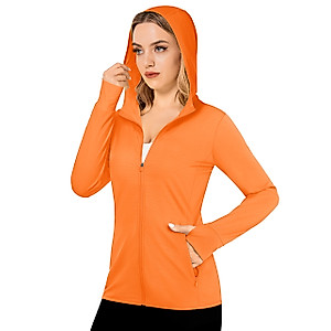MAGCOMSEN Long Sleeve Hooded Jacket for Women SPF 50 Sun Shirt Performance Hoodie with Pockets Running Active Wear, Orange, L
