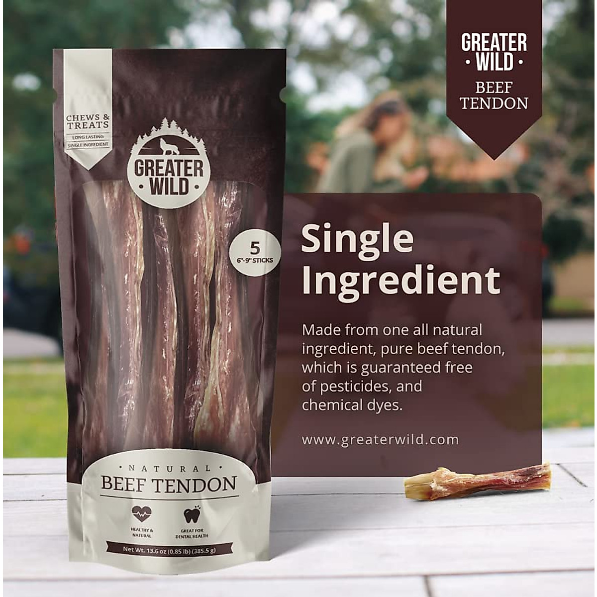 GREATER WILD All Natural Ingredient 9"-12" Assorted Beef Tendon Size, Chews & Treats for Dogs - 5 Piece