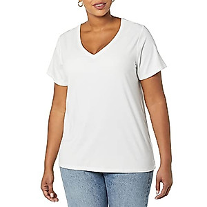 Amazon Essentials Women's Classic-Fit Short-Sleeve V-Neck T-Shirt, Pack of 2, White, Large