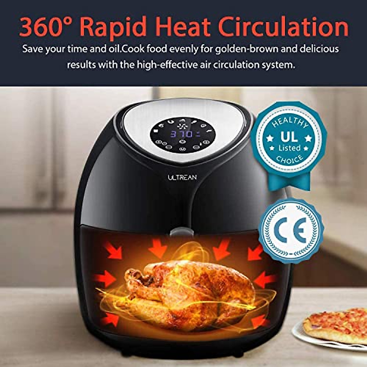 Ultrean Air Fryer 6 Quart , Large Family Size Electric Hot Airfryer XL Oven Oilless Cooker with 7 Presets, LCD Digital Touch Screen and Nonstick Detachable Basket,UL Certified,1700W (Black)