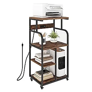 VEDECASA Mobile High Printer Stand with Power Outlet Charging Plugs USB Port Office Storage Shelf Includes Computer Tower CPU Stand Holder with Wheel (Brown)