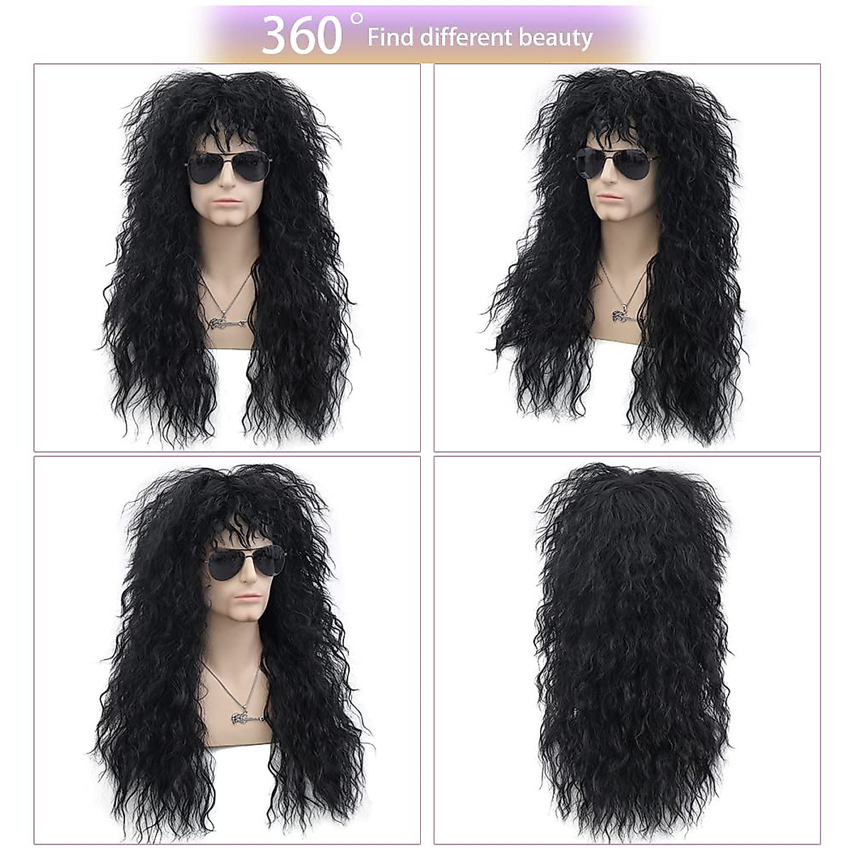 MUPUL Men's 80's Style Glam Rock-Rocker Long 26inch Black water wave Hair Wig Perfect for Halloween Cosplay Costume Party Wigs Rock Curly Wig (black-1)