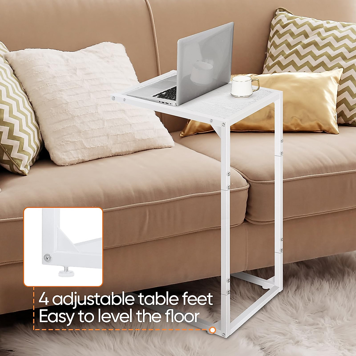 Set of 2 C Shaped End Table, Couch Tables That Slide Under, C Shaped Sofa Table for Couch, C Tray Snack Side Table for Living Room, Bedroom,Sofa, White